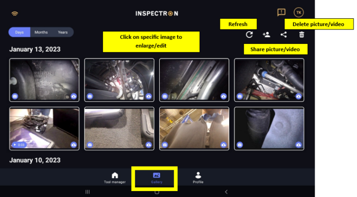 Viewing pictures and videos - Inspectron